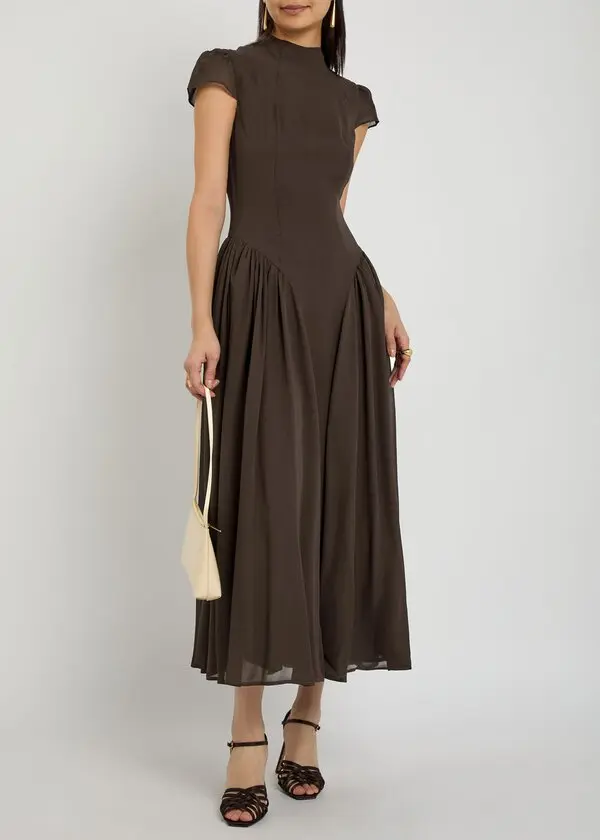 Reformation Maven Mock-Neck Chiffon Midi Dress - Dark Brown | Editorialist