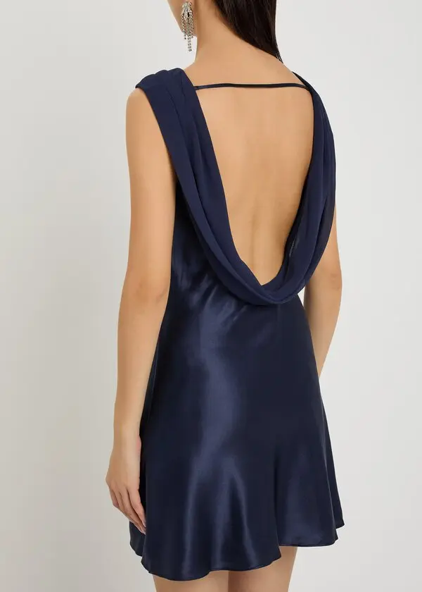 what does bodycon dress mean Breaking Hearts Satin Cowl Neck Front Wrap Mini Dress in Navy – Shop Hearts main image 1