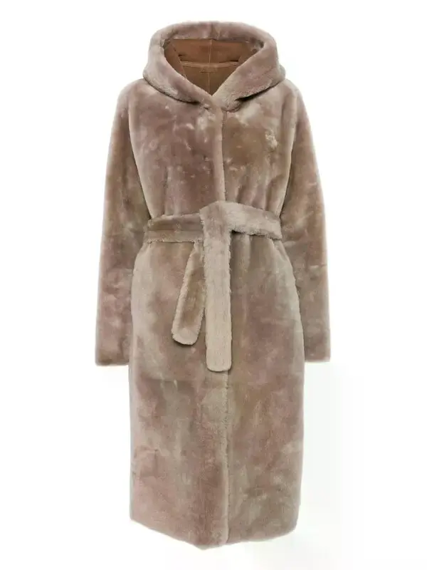 LISKA Hooded Belted Shearling Coat