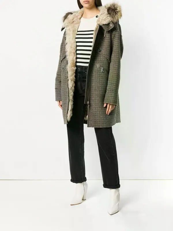 LISKA Houndstooth Print Hooded Coat