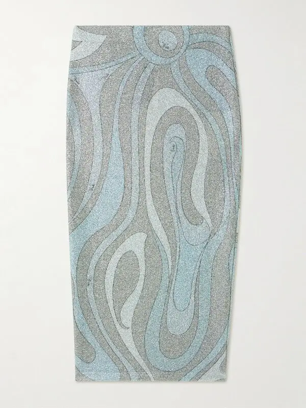 Emilio Pucci Printed Metallic Jersey Midi Skirt - Silver