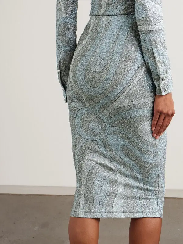 Emilio Pucci Printed Metallic Jersey Midi Skirt - Silver