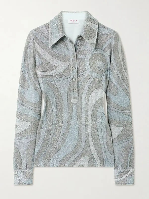 Emilio Pucci Printed Metallic Jersey Polo Shirt - Silver