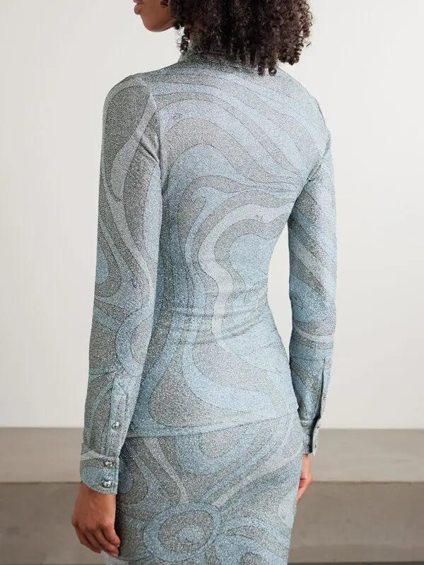Emilio Pucci Printed Metallic Jersey Polo Shirt - Silver