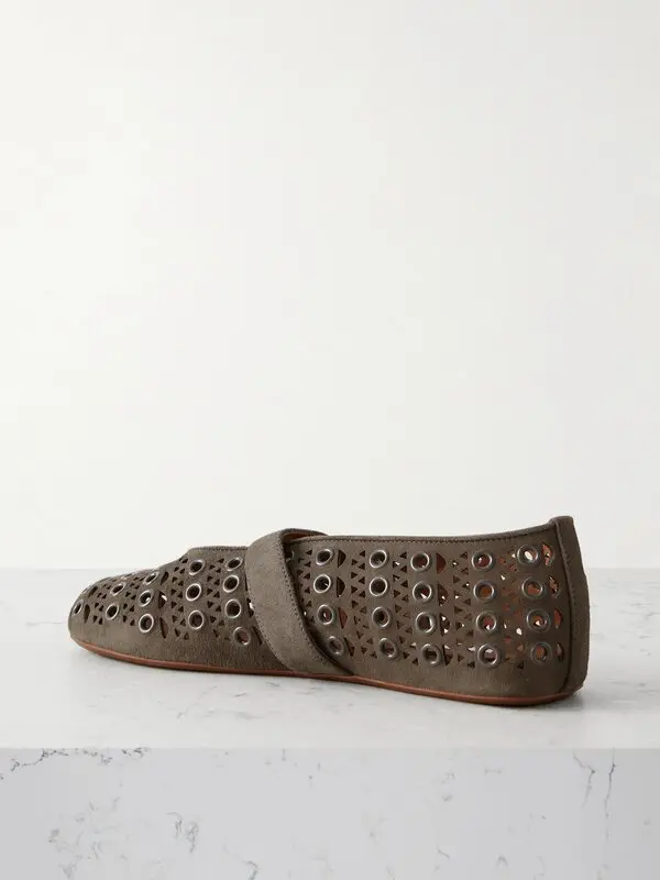 Alaïa Eyelet-embellished Perforated Suede Ballet Flats - Gray
