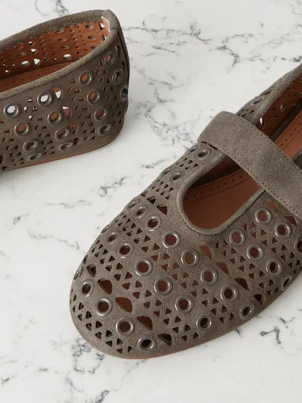 Alaïa Eyelet-embellished Perforated Suede Ballet Flats - Gray