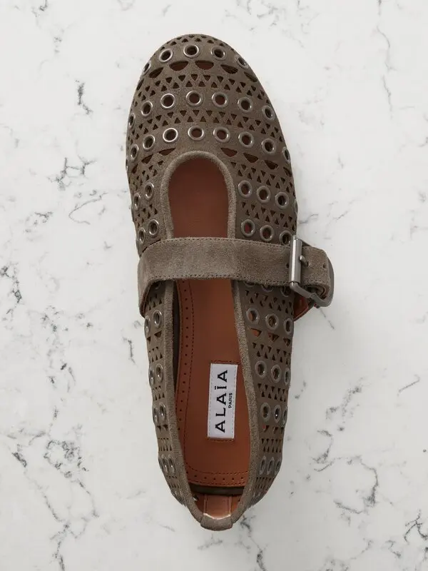 Alaïa Eyelet-embellished Perforated Suede Ballet Flats - Gray