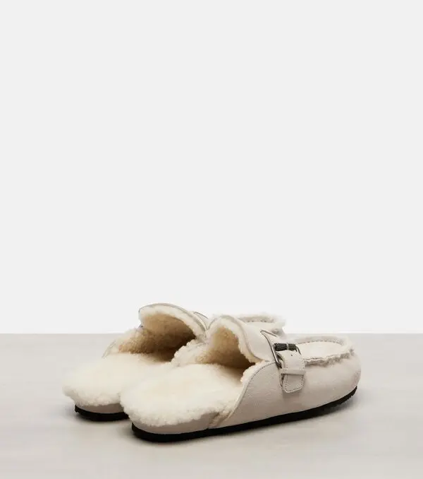 Brunello Cucinelli Monili Shearling-lined Suede Mules - Grey