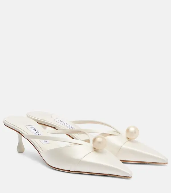 JIMMY CHOO Sana 50 Embellished Satin Mules - White