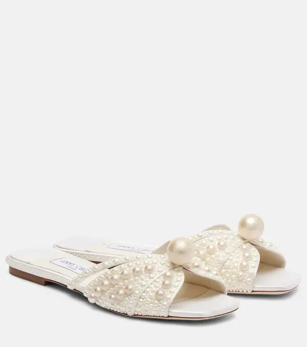 JIMMY CHOO Siva Embellished Satin Slides - White
