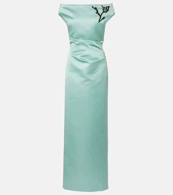 Erdem Floral Off-shoulder Duchesse Satin Gown - Green