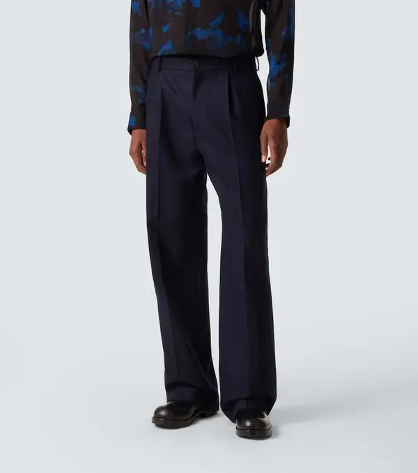 Dries Van Noten Navy Wool Flannel Wide-leg Pants - Blue