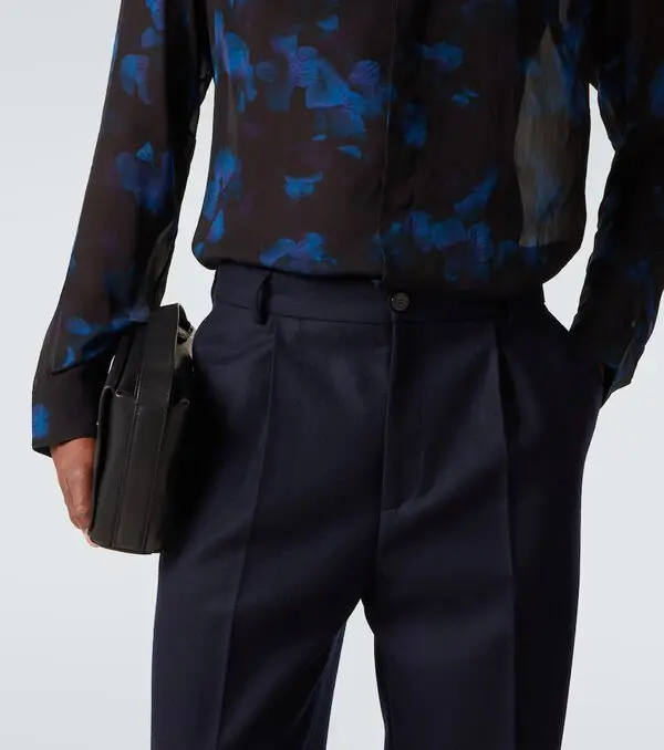 Dries Van Noten Navy Wool Flannel Wide-leg Pants - Blue