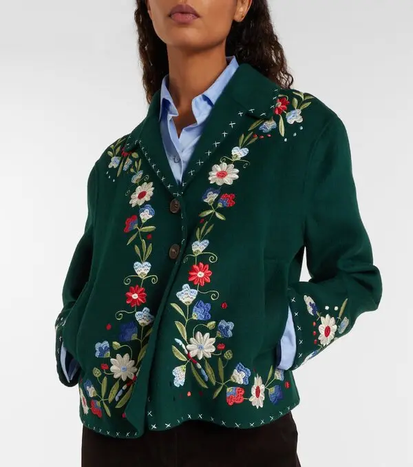 Rixo Jude Embroidered Wool-blend Jacket - Green