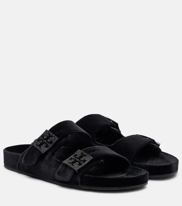 Tory Burch Mellow Embellished Velvet Slides In Berry/silver - Black