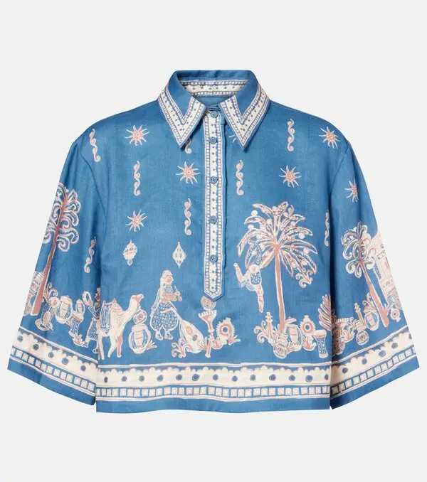 ALEMAIS Alémais Acacia Printed Cropped Linen Shirt - Blue