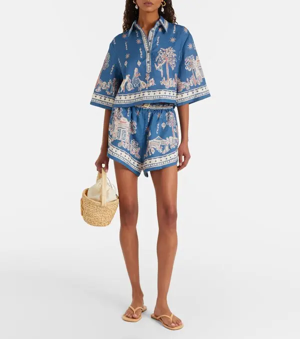 ALEMAIS Alémais Acacia Printed Cropped Linen Shirt - Blue