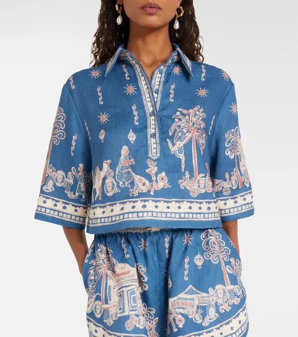 ALEMAIS Alémais Acacia Printed Cropped Linen Shirt - Blue