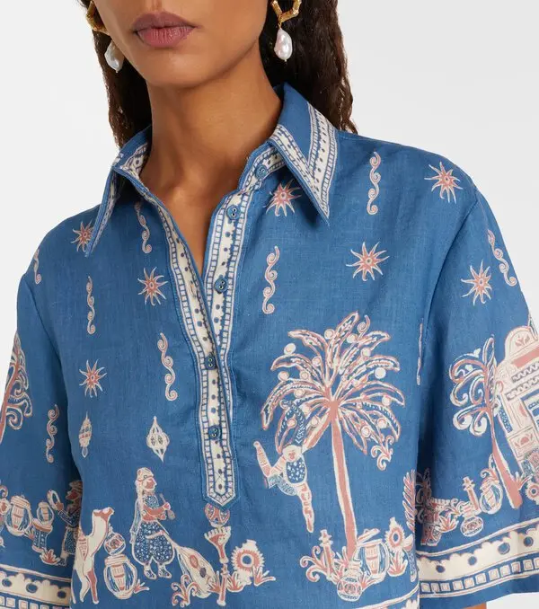 ALEMAIS Alémais Acacia Printed Cropped Linen Shirt - Blue