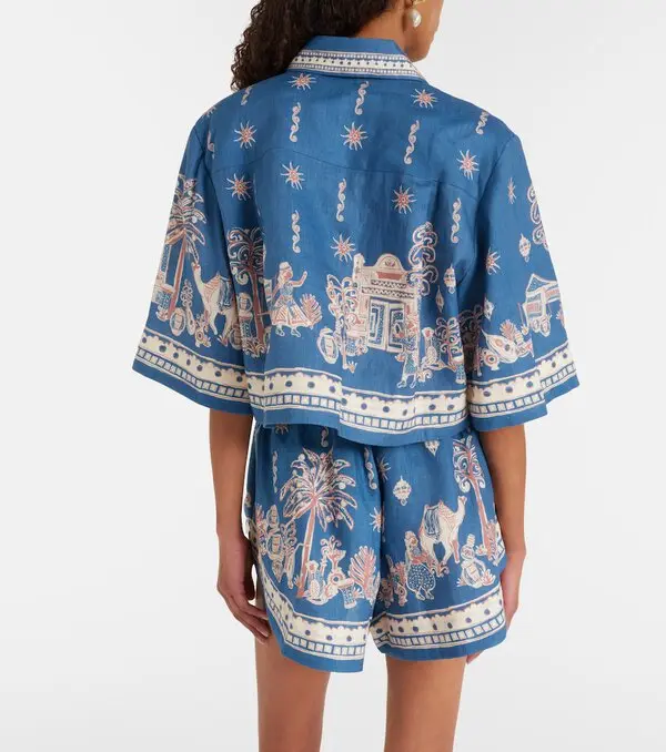 ALEMAIS Alémais Acacia Printed Cropped Linen Shirt - Blue