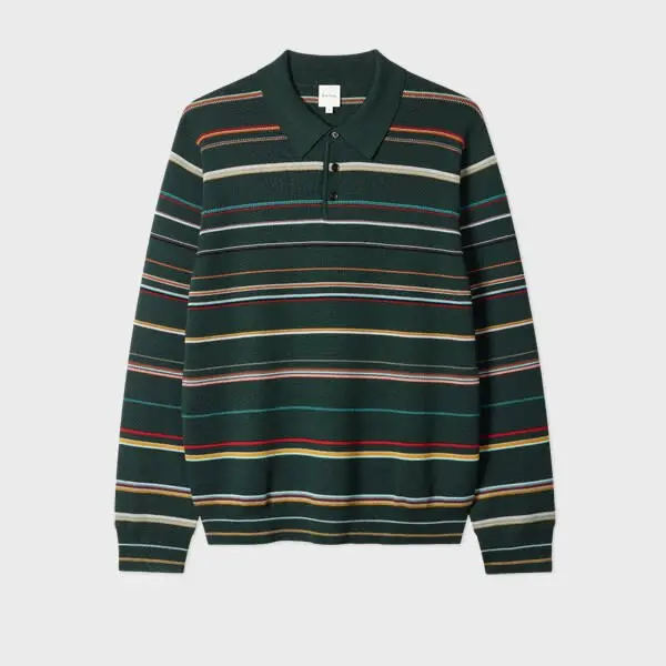 Paul Smith Dark 'signature Stripe' Merino Wool Polo Shirt - Green