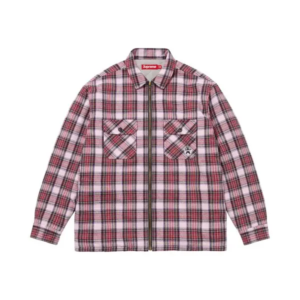 Supreme Thermal Lined Zip Up Flannel Shirt - Pink