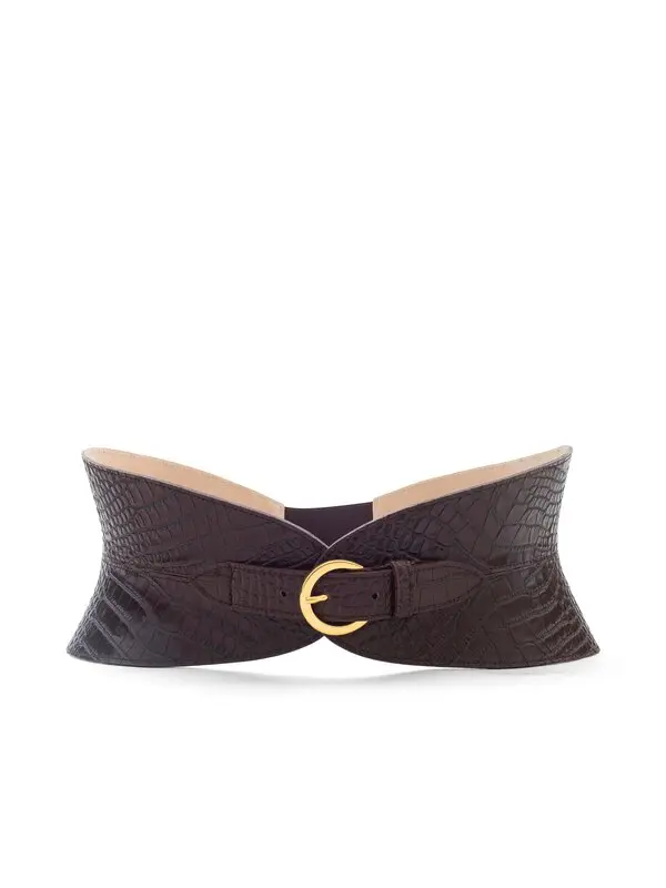 L'Agence Alexandra Croc-embossed Corset Belt - Chocolate Croc Embossed