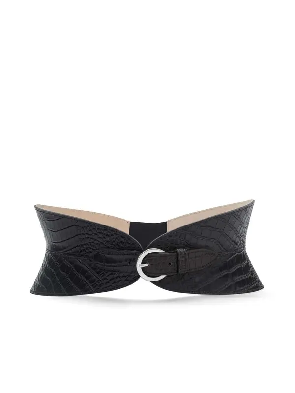 L'Agence Alexandra Croc-embossed Leather Corset Belt - Black Croc Embossed