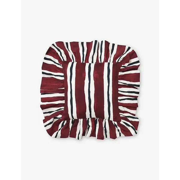 DAMSON MADDER Striped Frilled Cotton Cushion - Burgundy Stripe