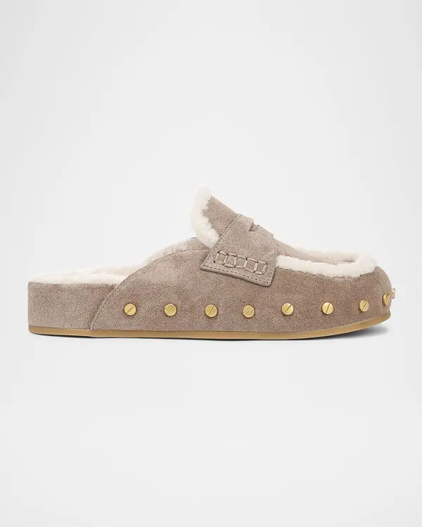 Veronica Beard Fenix Studded Shearling Loafer Mules - Bark Ecru