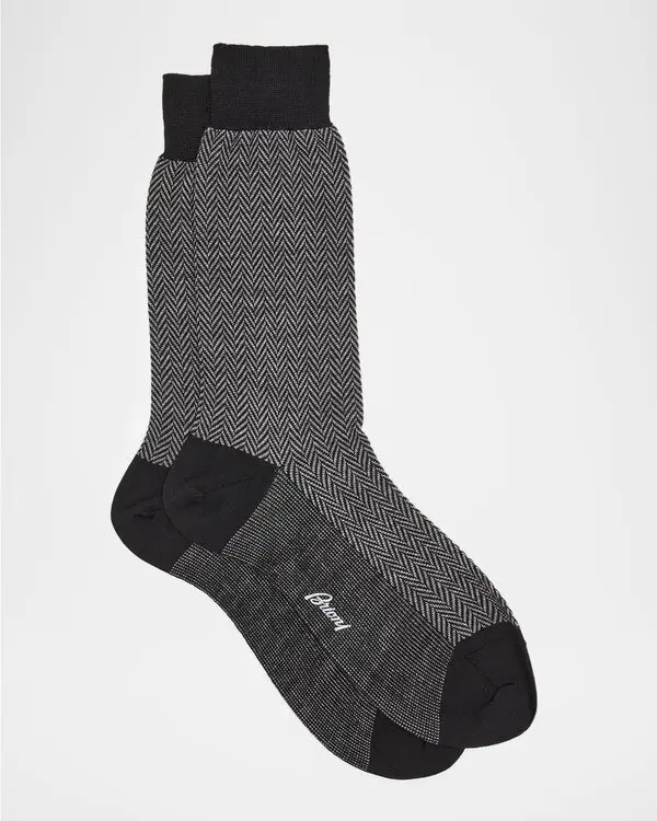 Brioni Wool Herringbone Jacquard Mid-calf Socks - 1013-black/flannel