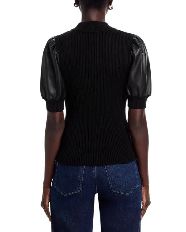 T Tahari Elbow Sleeve Ribbed Pullover With Faux Leather Sleeves
