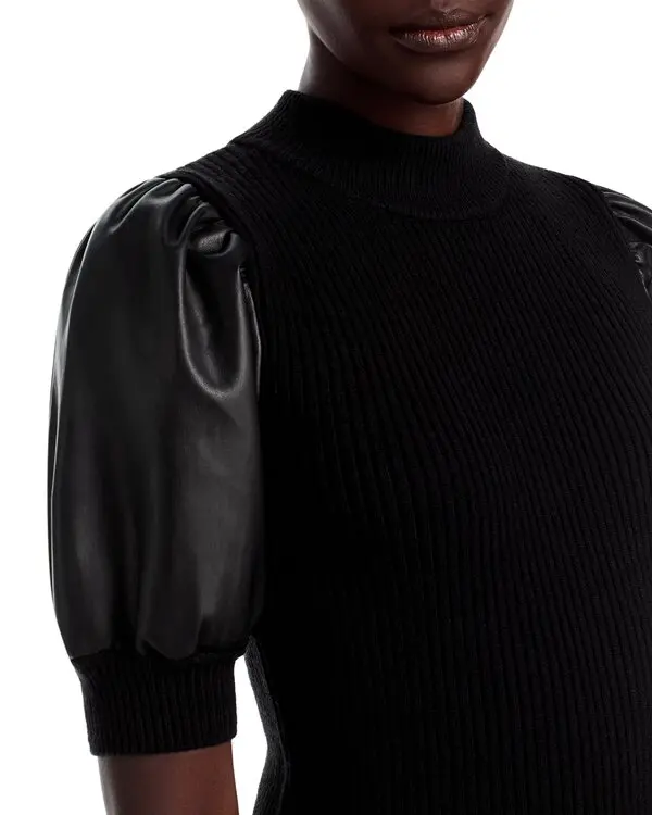 T Tahari Elbow Sleeve Ribbed Pullover With Faux Leather Sleeves