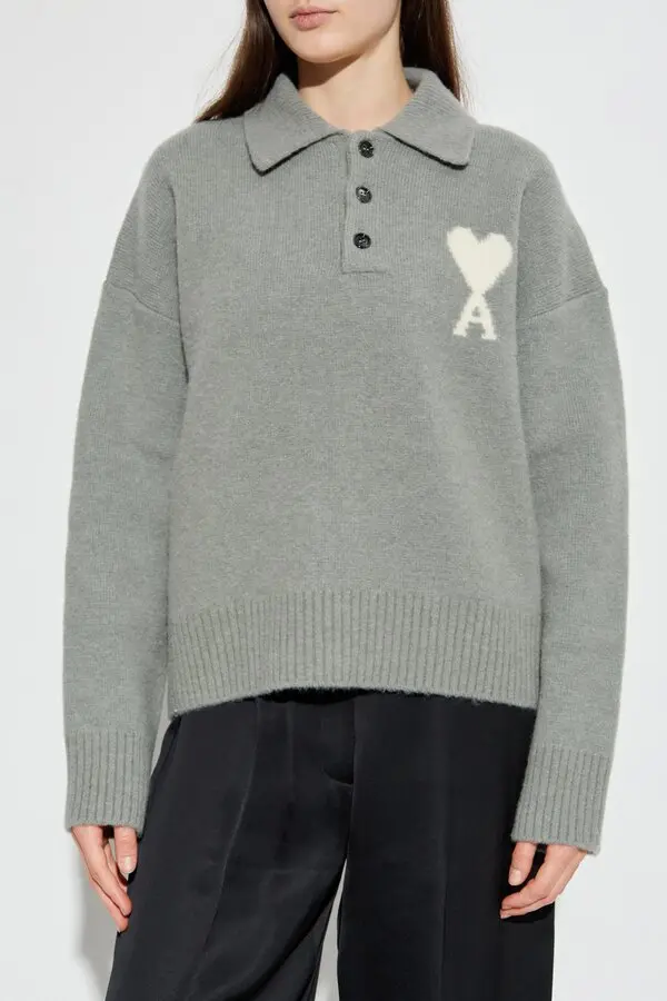 AMI Paris Cardigan With Logo - Grey