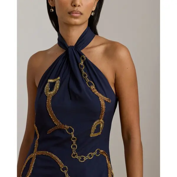 Ralph Lauren Belting-motif Sequined Crepe Halter Gown