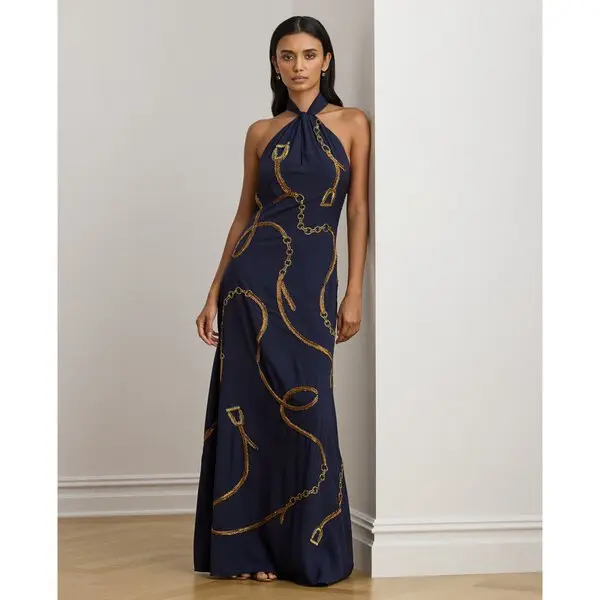 Ralph Lauren Belting-motif Sequined Crepe Halter Gown