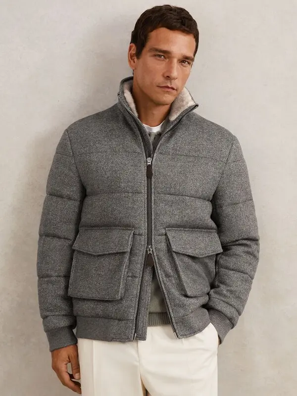 REISS Faux-fur Collar Quilted Puffer Jacket - Grey