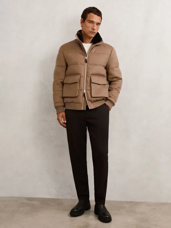REISS Faux-fur Collar Quilted Puffer Jacket - Light Brown