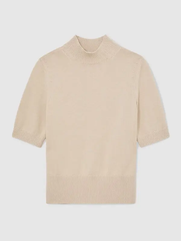 REISS Aria Cotton And Wool Funnel-neck Knit Top - Neutral