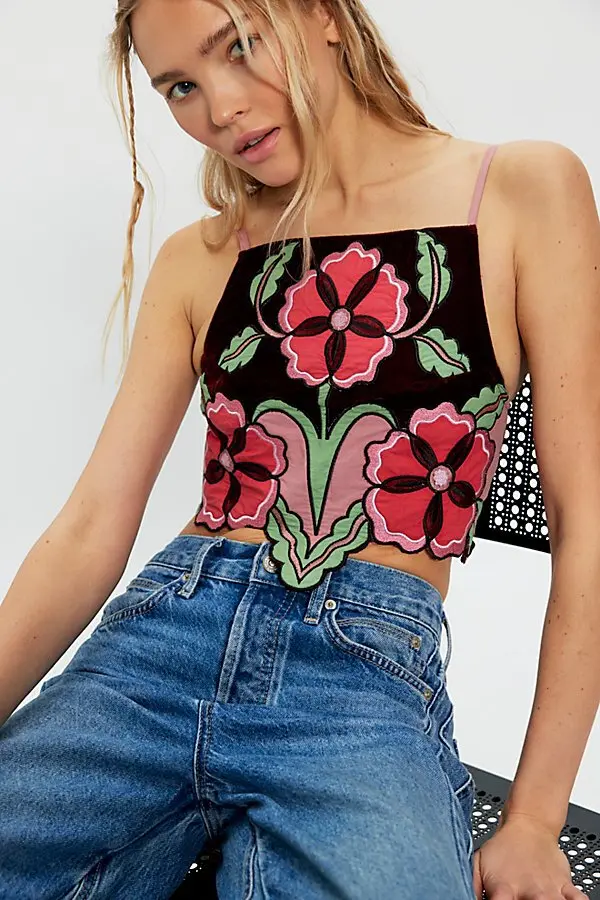 Free People Velvet Lotus Applique Top - Red Combo