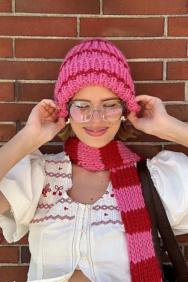 Free people tacita scarf and beanie combo set pink red stripe NWT 10a47125-0ed4-435f-82eb-  main image 4
