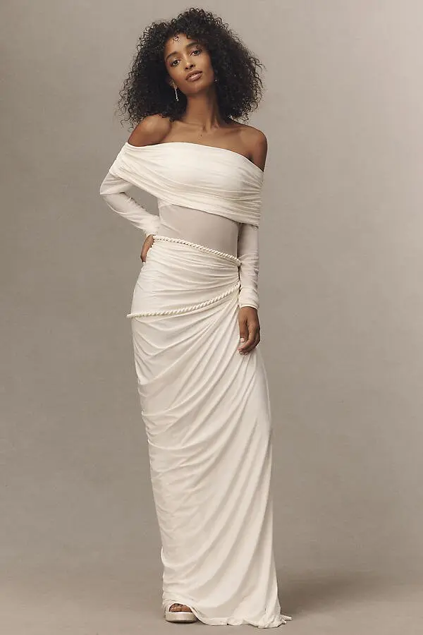 chinese dress ladies Ivory Printed Off Shoulder Maxi Dress With Slit
