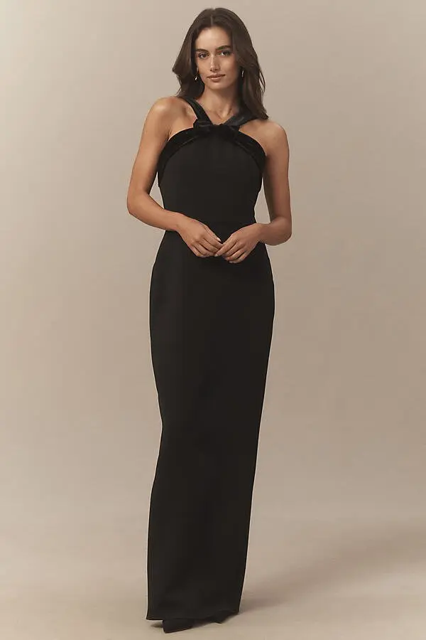 Shoshanna Midnight Gala Velvet Bow Maxi Dress