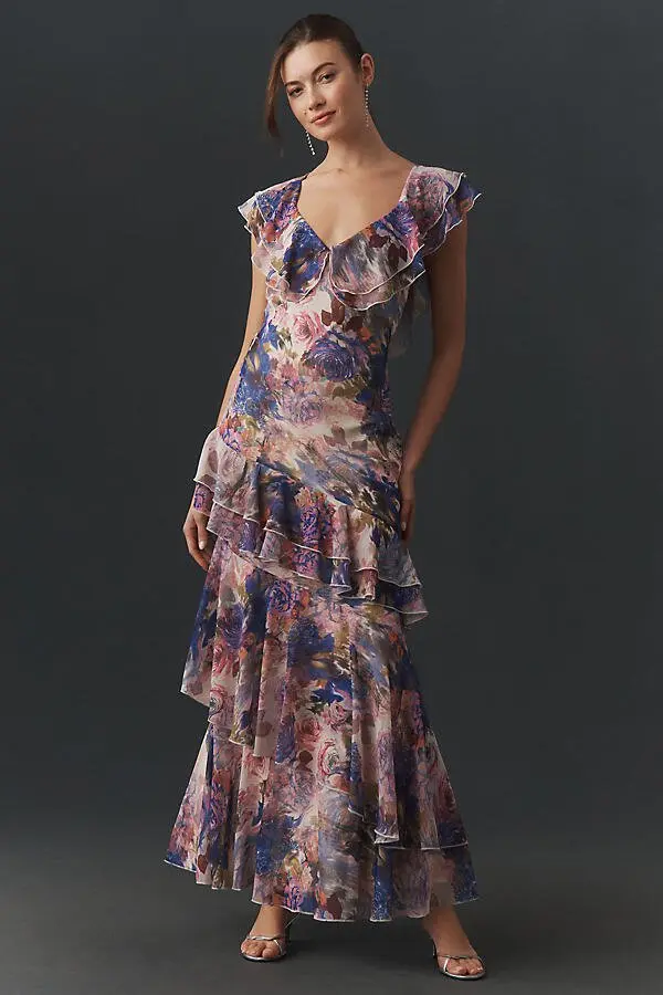 Bhldn Gaia Asymmetric Ruffled Maxi Dress - Purple Pattern