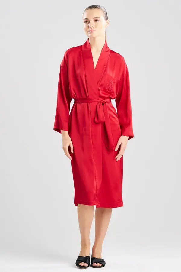Natori Satin Essentials Embroidered Robe - Red