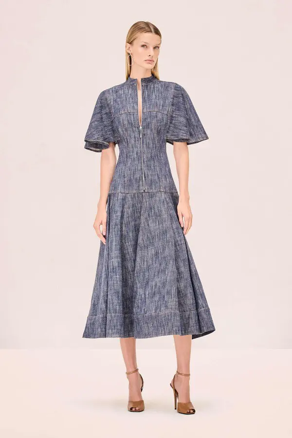 Alexis Flounced Sleeve Zip-front Midi Dress - Denim