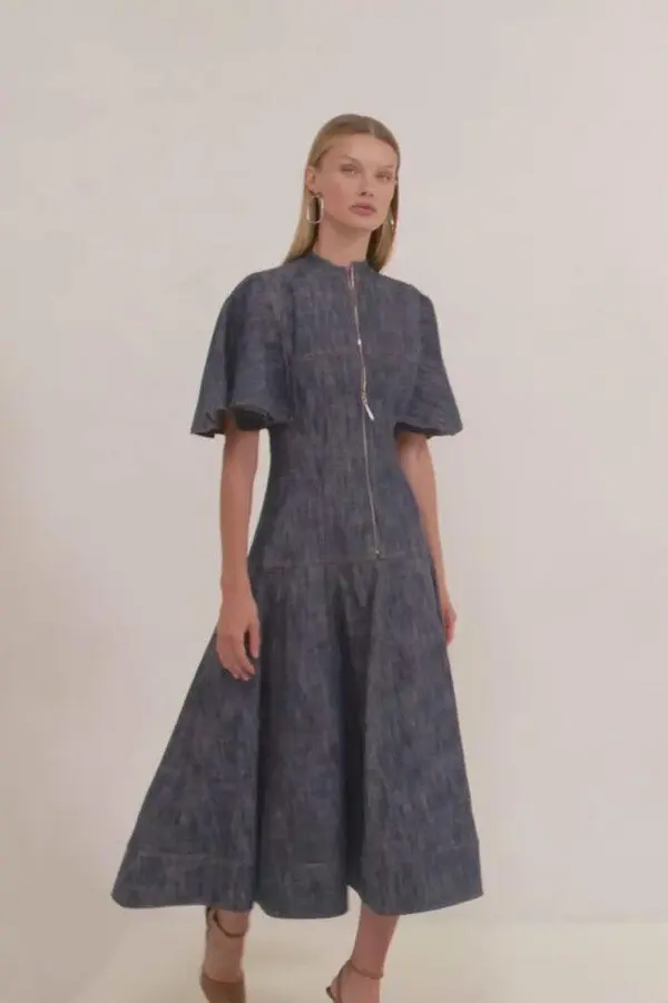 Alexis Flounced Sleeve Zip-front Midi Dress - Denim