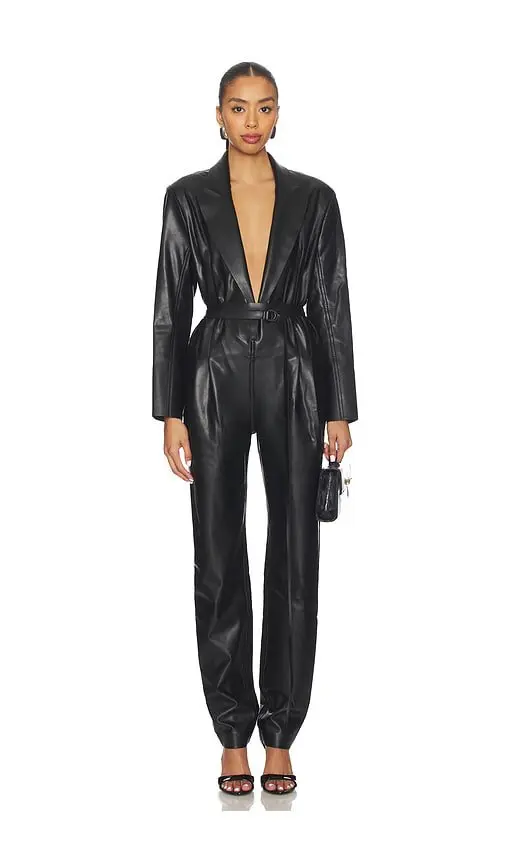 Norma Kamali Single Breasted Tapered Leg Faux Leather Jumpsuit - Black