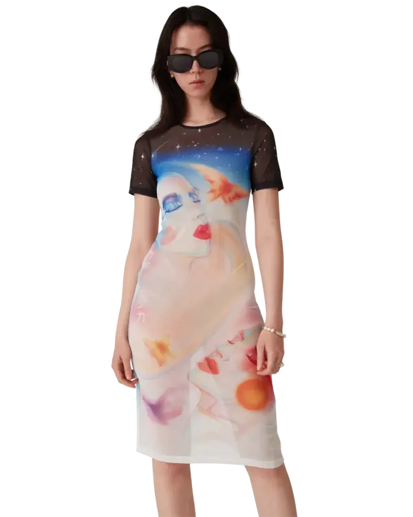 Casablanca Galactic Connection Mesh Short Sleeve Dress
