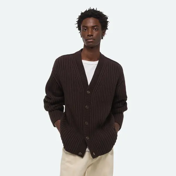 Helmut Lang Ribbed V-neck Cardigan - Dark Brown